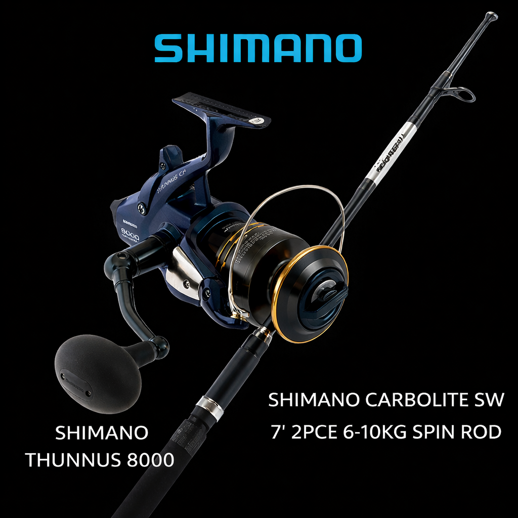 Shimano Thunnus 8000 Combo – Carbolite SW 7ft Spin Rod – Warren Hay Marine